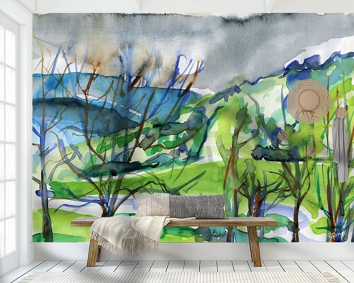 Ontmoeting tussen blauw, grijs en groen van ART Eva Maria op canvas, behang en meer